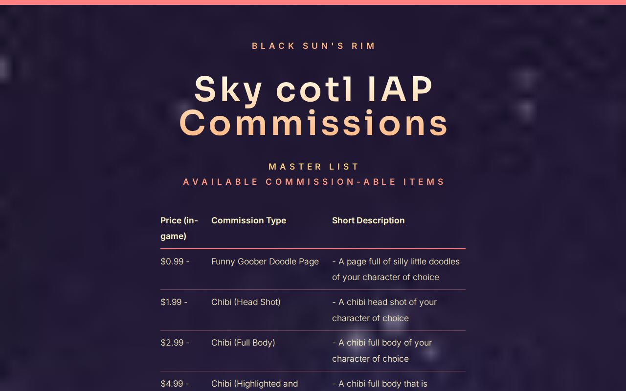 Black Sun's Rim Sky cotl IAP Commissions